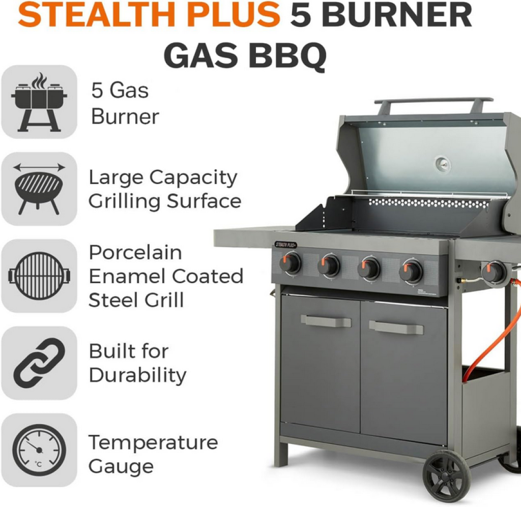 Tower Stealth Plus 5 Burner Gas BBQ with Side Burner - Bargain Hunter ...